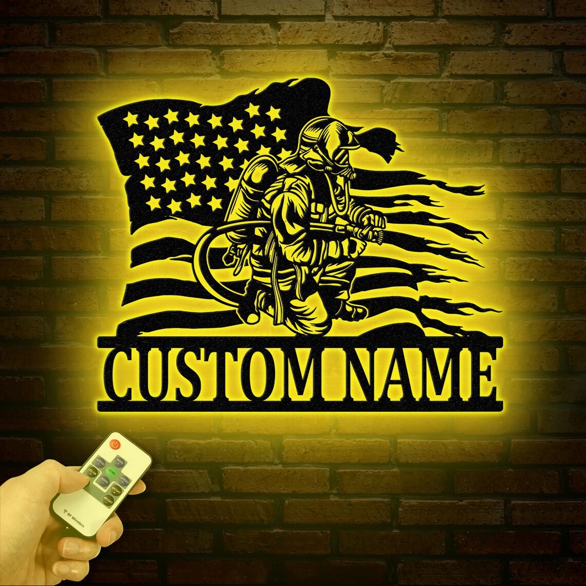 Custom Firefighter US Flag Metal Wall Art With LED Light, Personalized ...