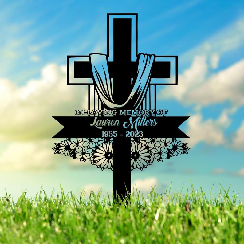 Custom Floral Cross Memorial Metal Stake, Cross Memorial Plaque With ...