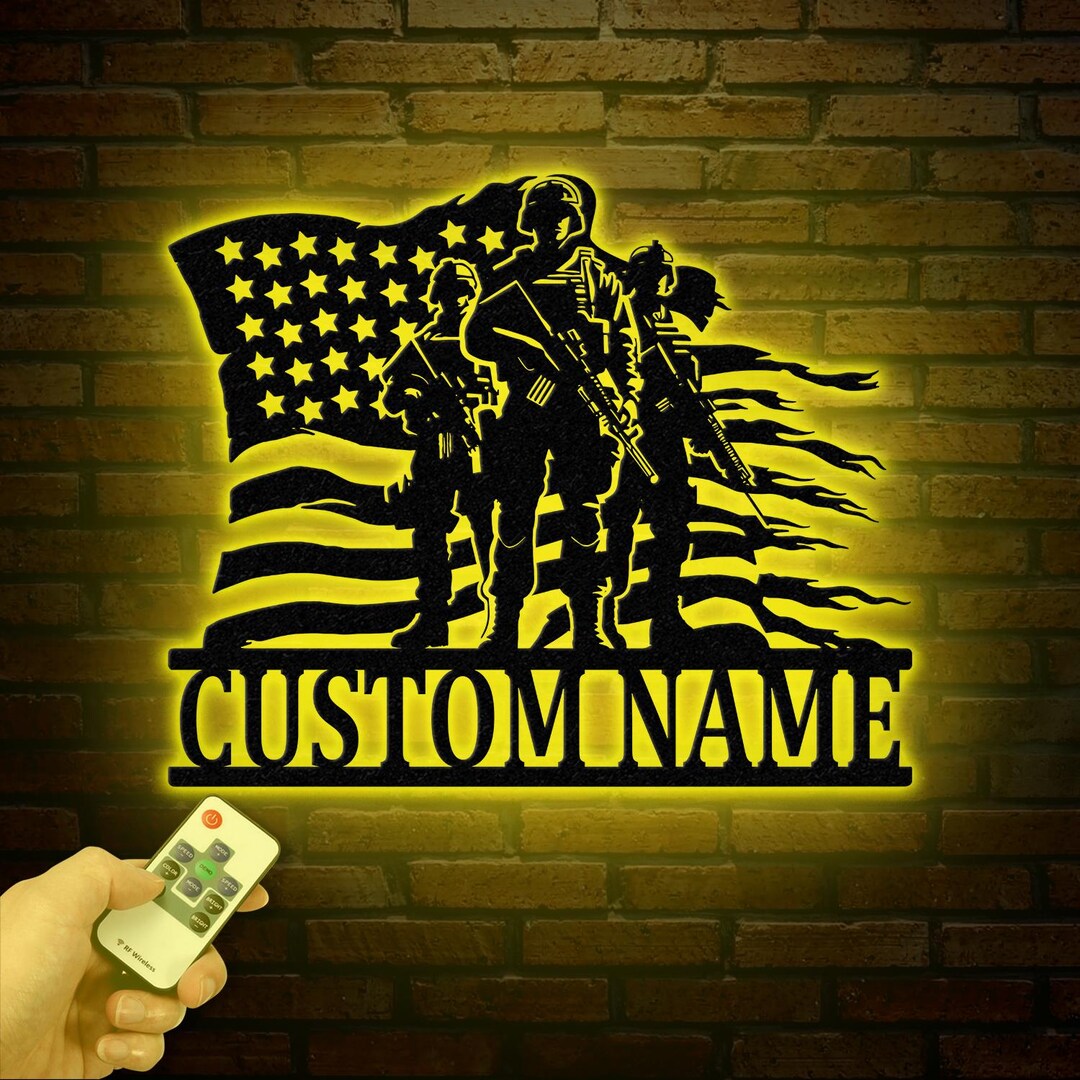 Personalized US Soldier Metal Wall Art LED Light, Custom Military Name ...