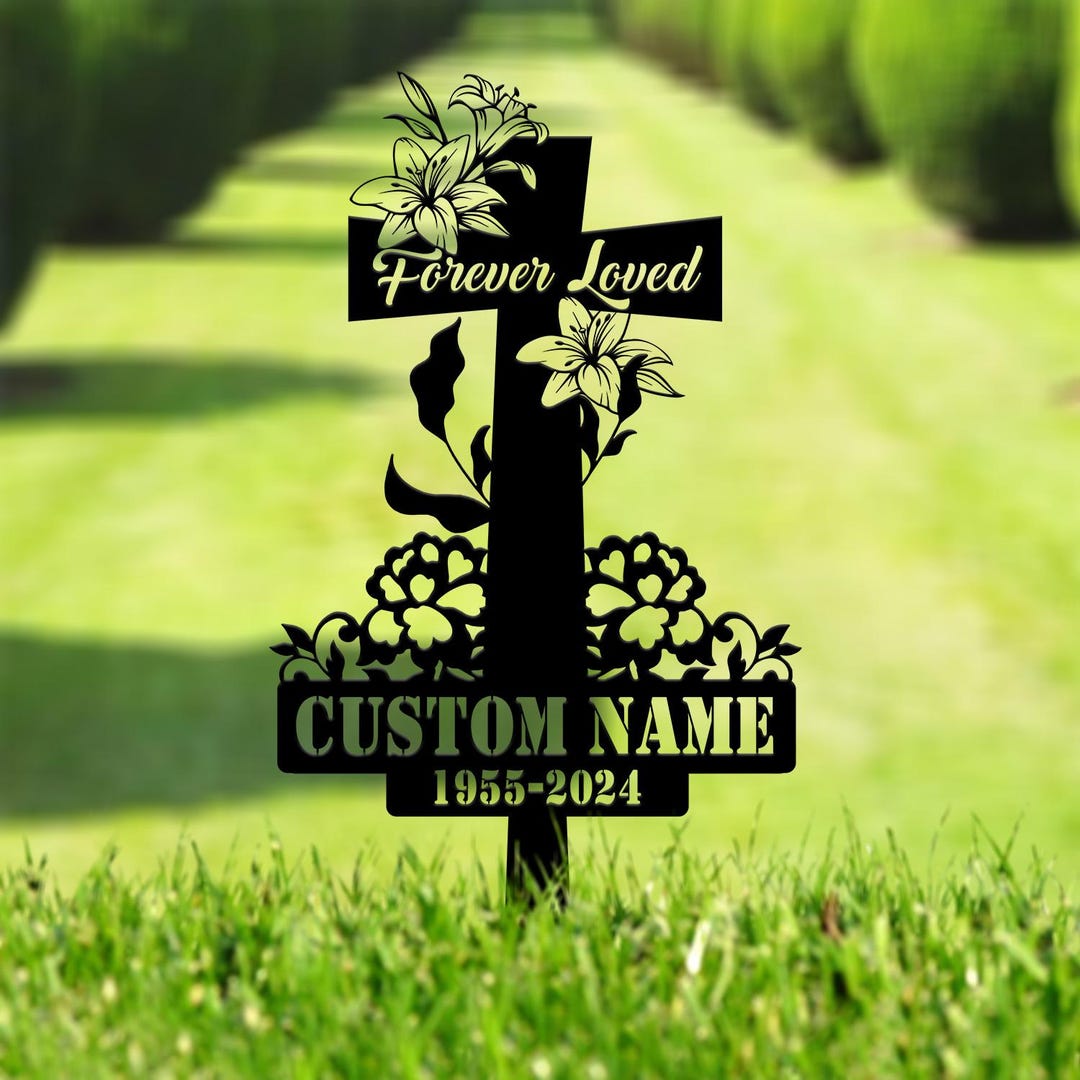 Custom Floral Cross Memorial Metal Stake, Cross Memorial Plaque With ...