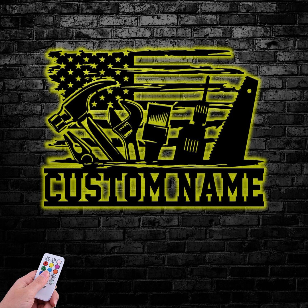 Personalized Garage US Flag Metal Sign With LED Light, Custom Name ...