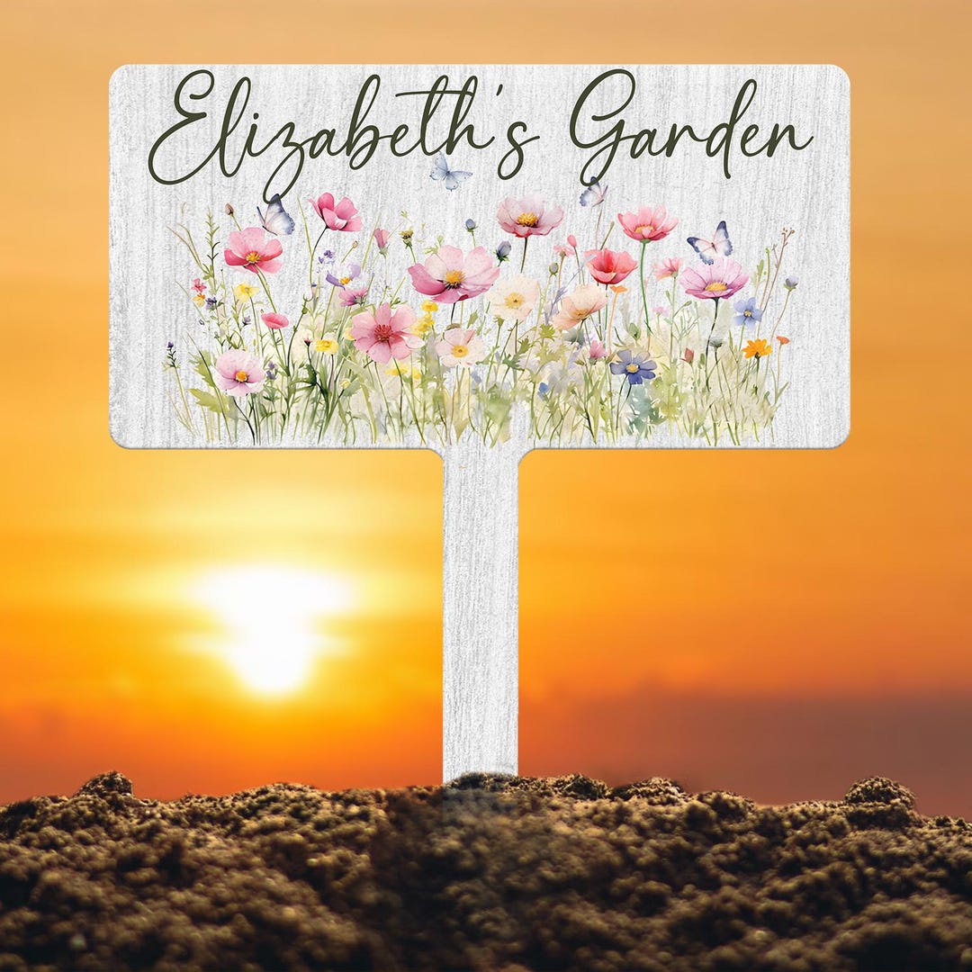 Custom Name Metal Garden Sign, Flower Garden Sign, Fairy Garden Stake ...