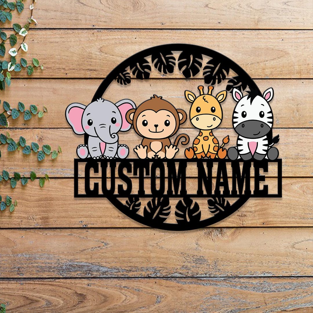Custom Safari Animals Metal Name Sign, Personalized Safari Nursery Wall ...