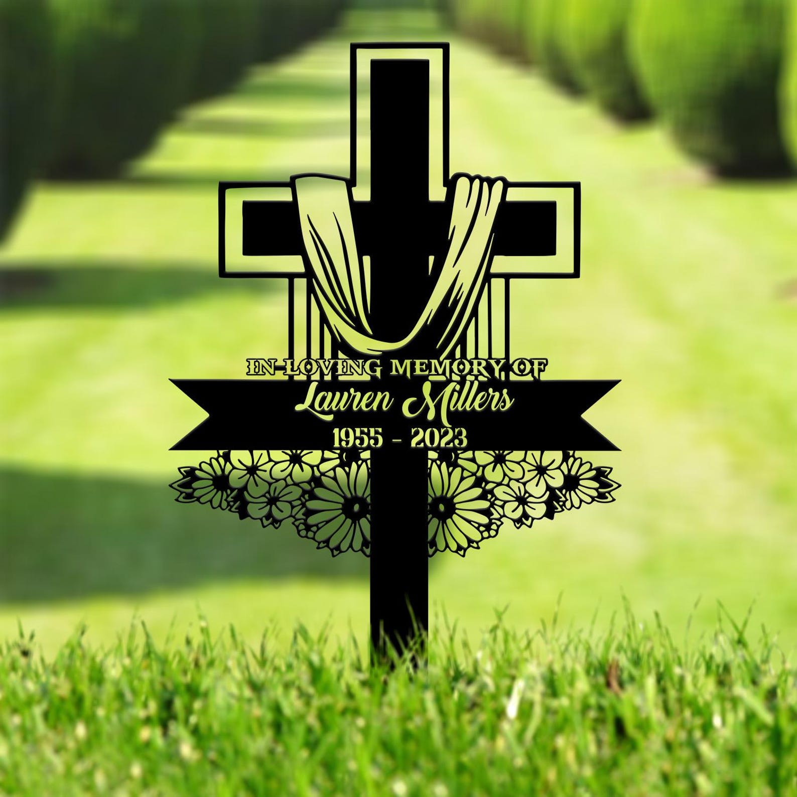 Custom Floral Cross Memorial Metal Stake, Cross Memorial Plaque With ...