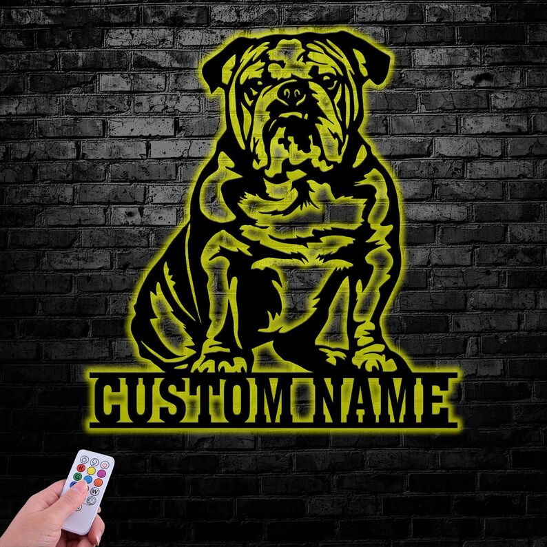 Custom Metal English Bulldog Sign With LED Light, Family Name Gift for ...