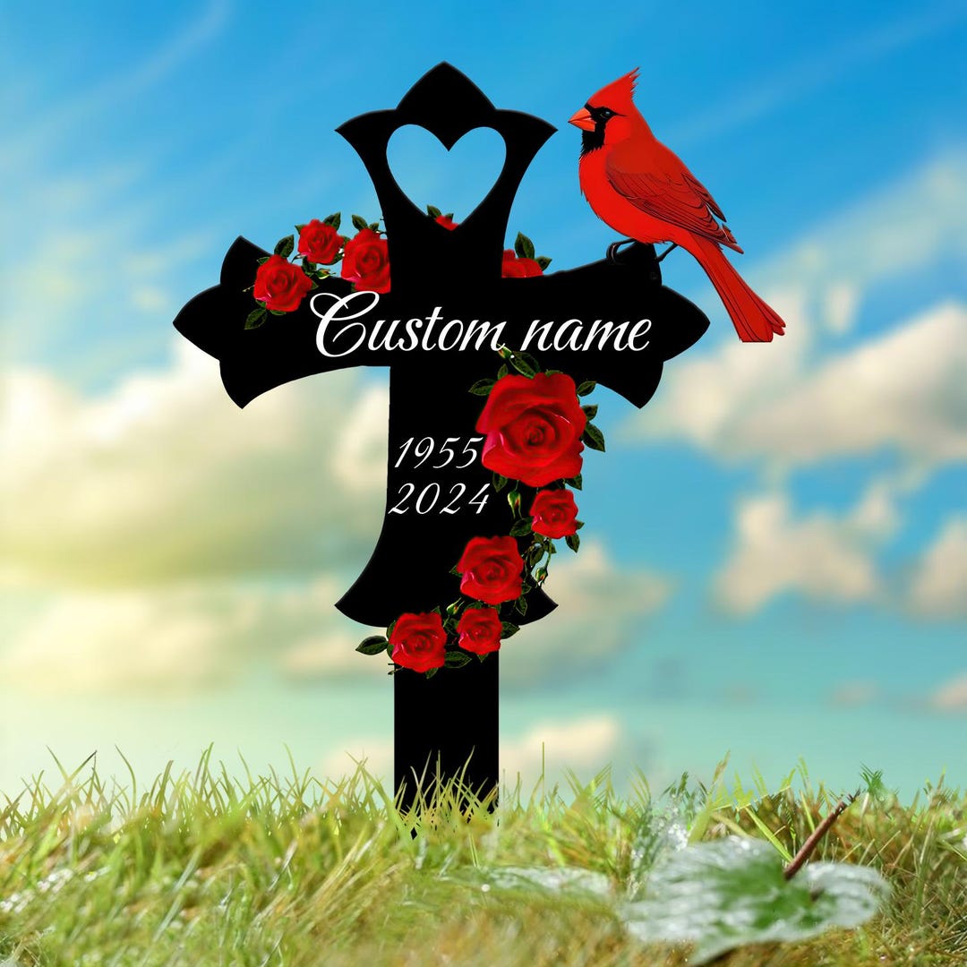 Custom Cardinal & Rose Memorial Cross Stake, in Memory Cross Grave ...