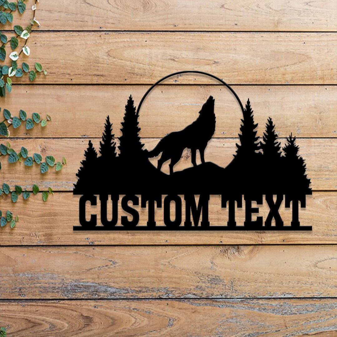 Personalized Wolf Howling Metal Cabin Sign, Custom Wolf Name Sign ...