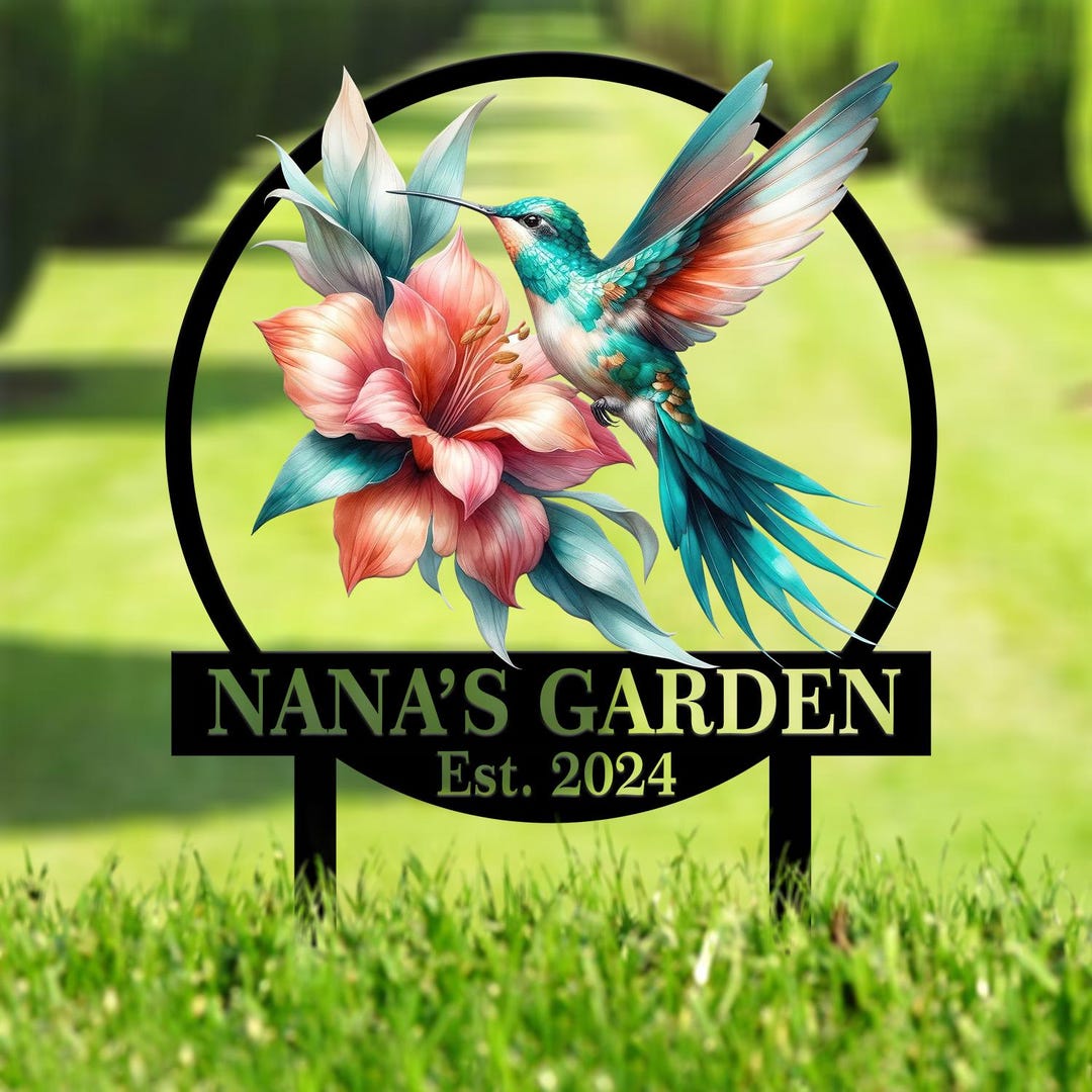 Custom Floral Blue Hummingbird Garden Sign, Personalized Name Garden ...
