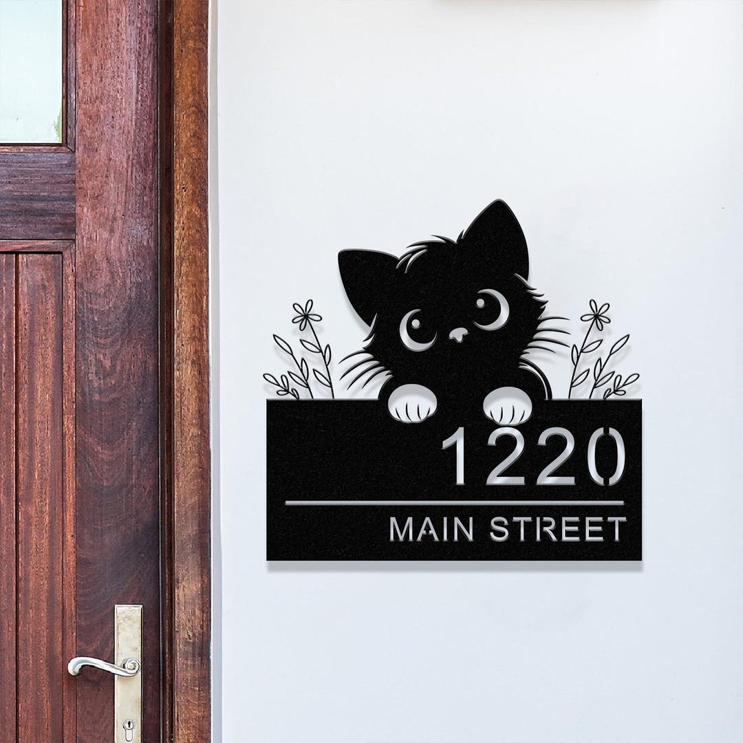 Black Cat House Number Sign, Cat House Address Sign, Custom Door Number ...