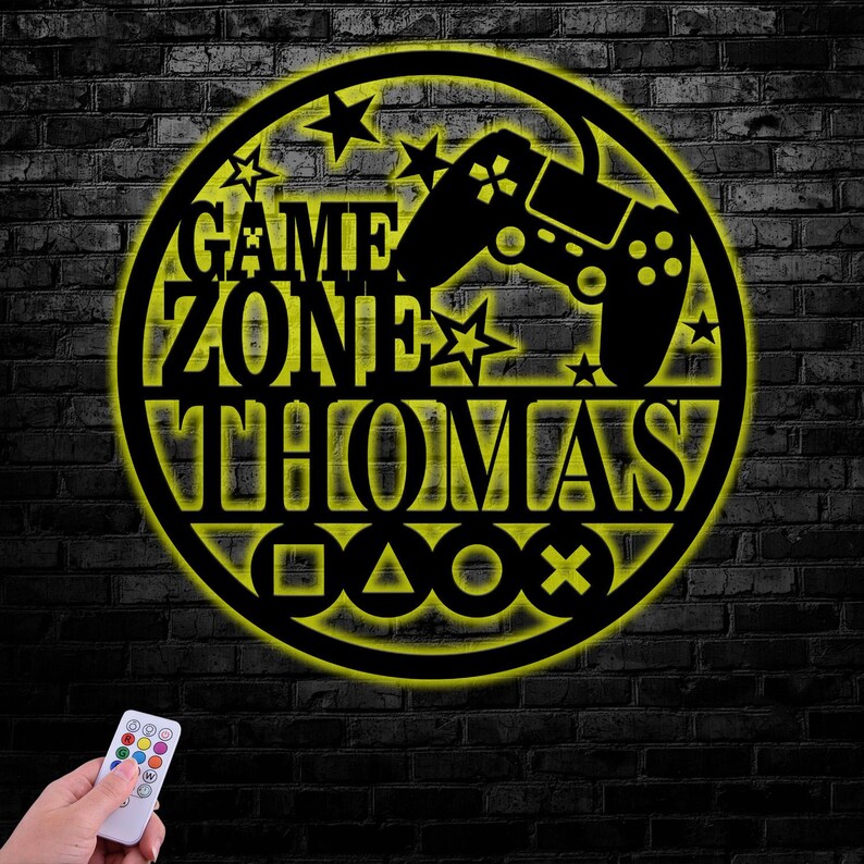 Custom Metal Gaming Zone Sign With LED Light, Game Controller Wall Art ...
