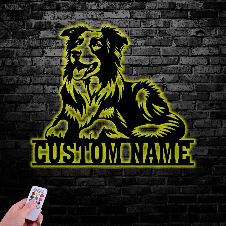 Custom Metal Border Collie Sign With LED Light, Family Name Gift for ...