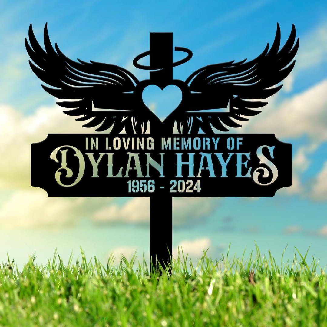 Custom Heart With Angels Wings Memorial Cross Stake, in Memory Cross ...