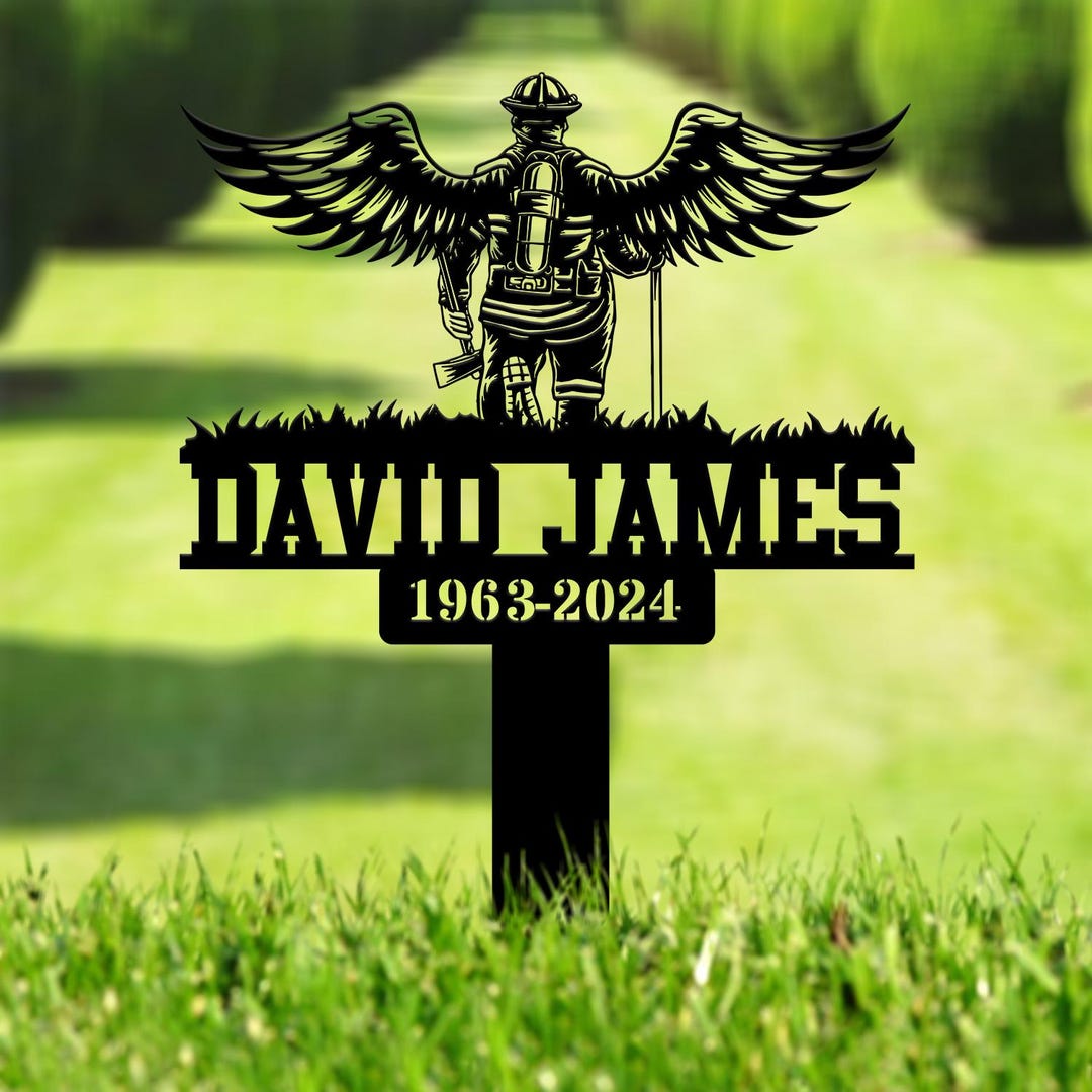 Custom Firefighter With Angels Wings Memorial Plaque Stake ...