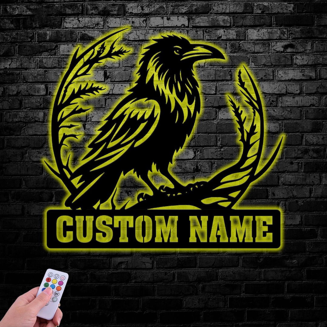 Custom Raven Metal Sign With LED Lights, Personalized Black Crow Name ...