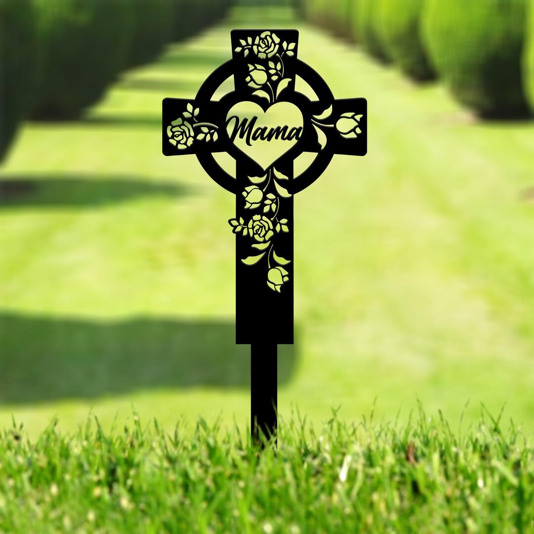 Personalized Flower Metal Cross Memorial Stake, Custom Grave Marker ...