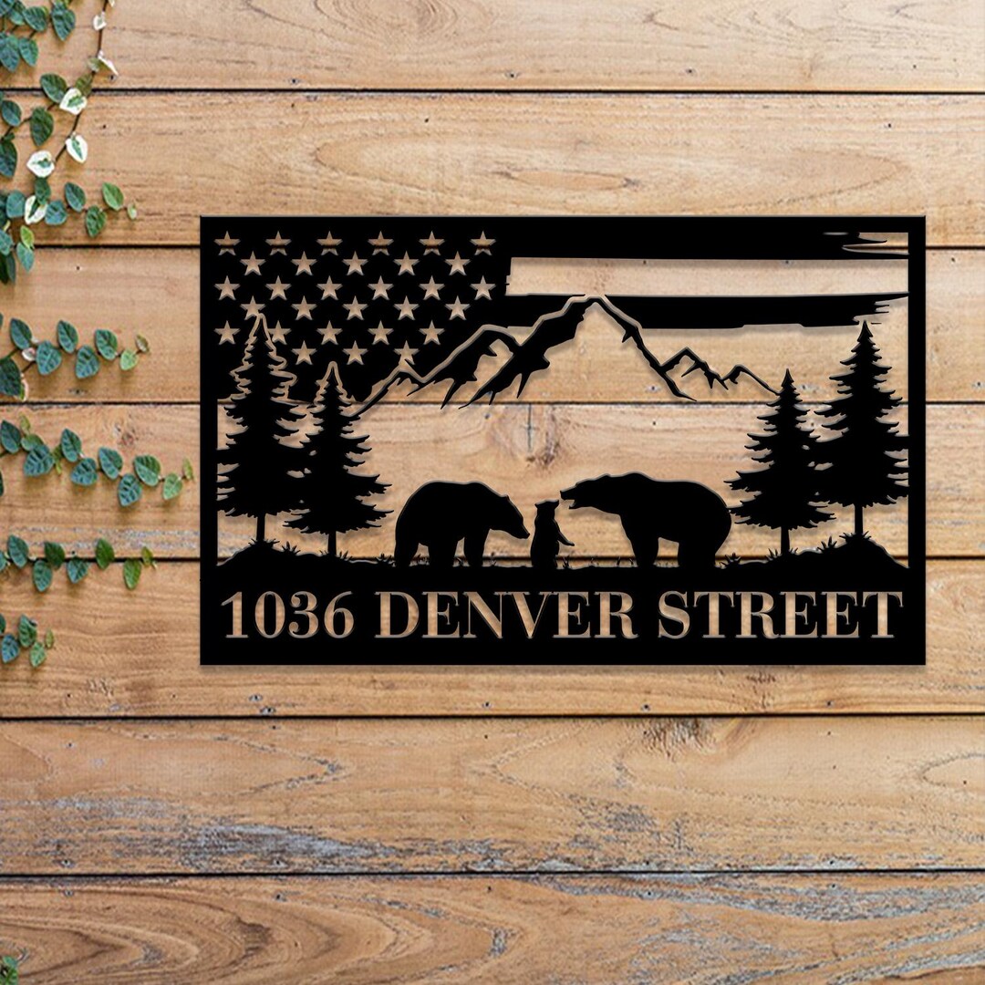 Metal Moutain Bear Address Sign, Custom US Flag Address Sign, Metal ...
