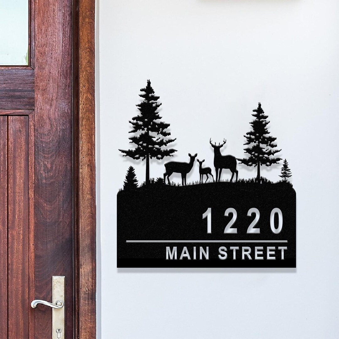 Deer Address Sign With Pine Tree, Metal Deer Sign, Deer Yard Sign ...