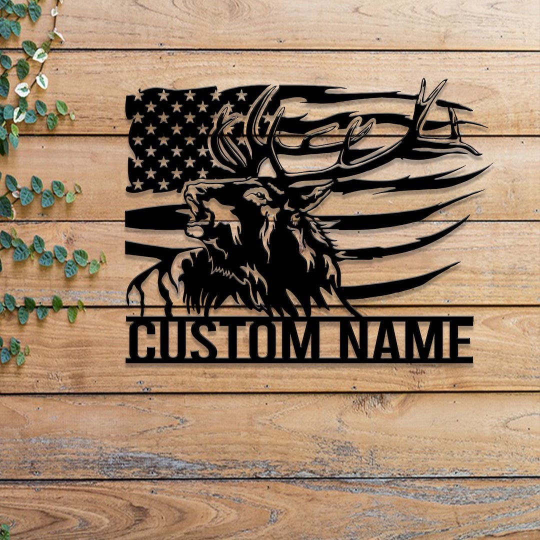 Personalized Elk US Flag Name Sign With Led Light, Custom Metal Deer ...