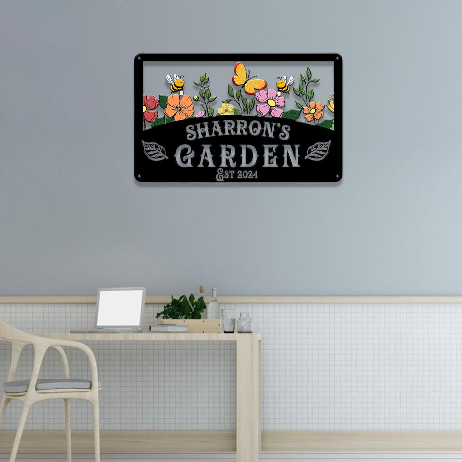 Custom Name Floral Garden Sign, Custom Metal Hanging Garden Plaque ...