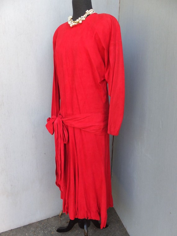 1980s VAKKO Cherry Red Suede Leather Midi/Maxi Dress … - Gem