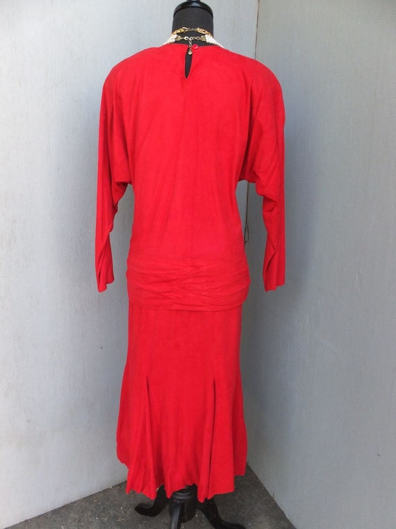 1980s VAKKO Cherry Red Suede Leather Midi/Maxi Dress … - Gem