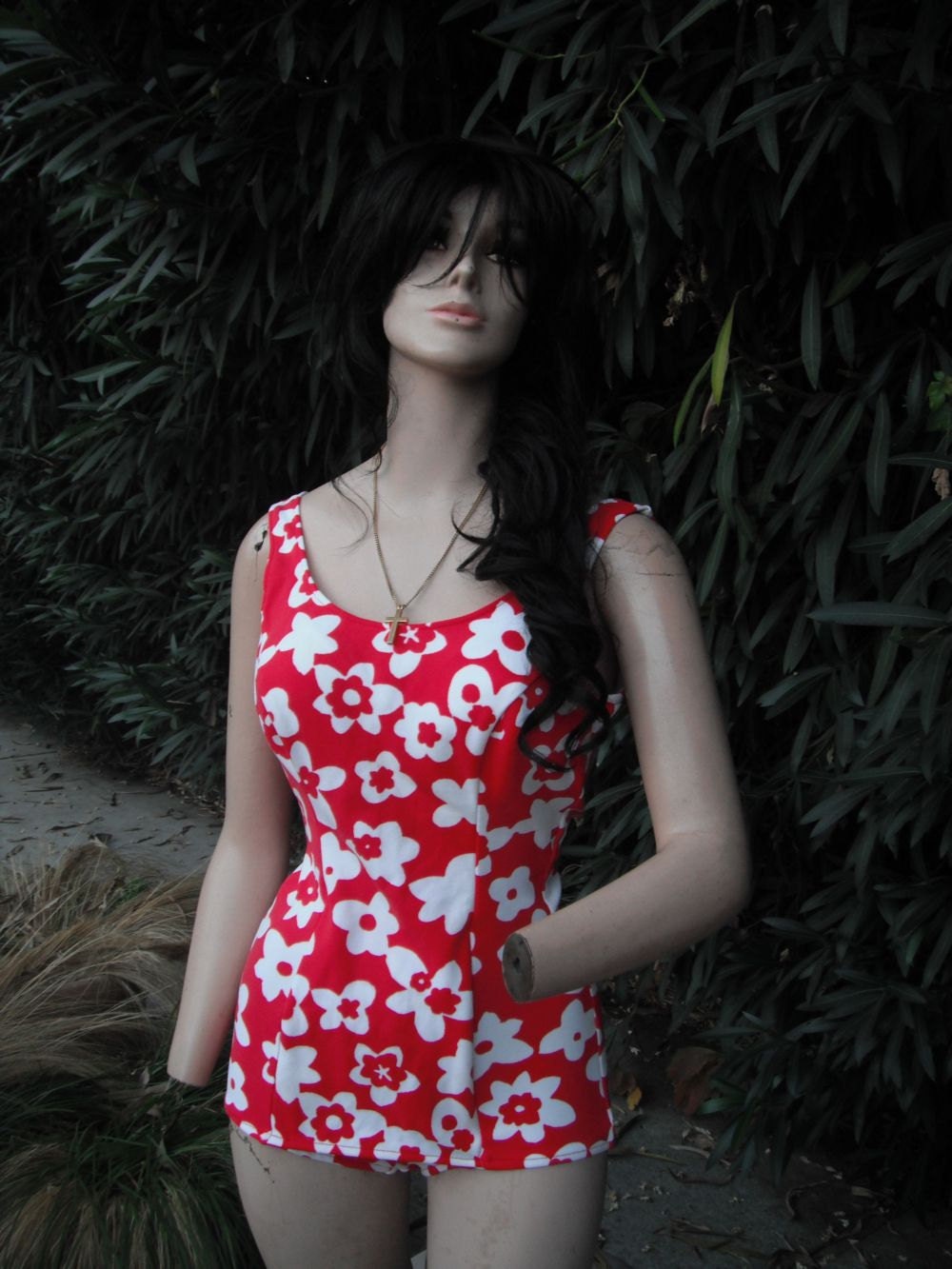 Vintage 1950s/60s Swimwear, Red and White Floral Swimsuit, Pin up ...