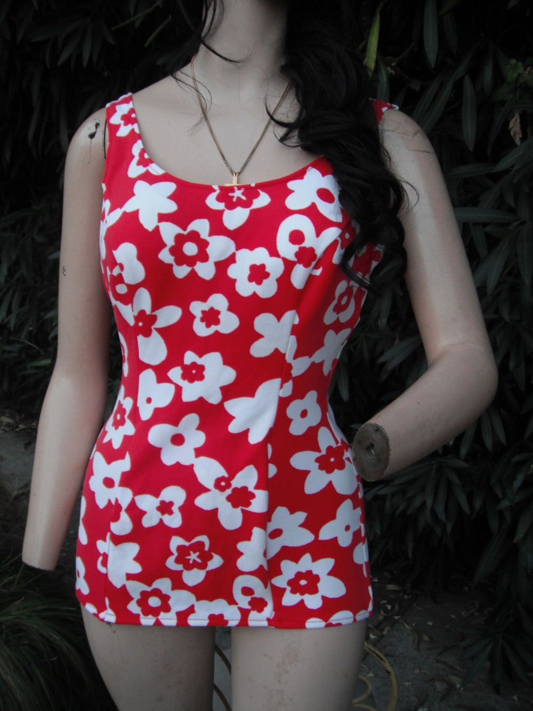 Vintage 1950s/60s Swimwear, Red and White Floral Swimsuit, Pin up ...