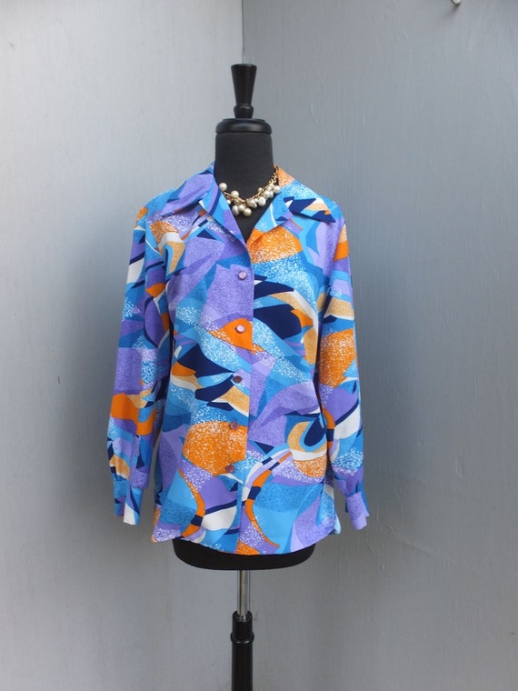 1970s Blouse by Pykettes, Bold Graphic Print Ladies B… - Gem