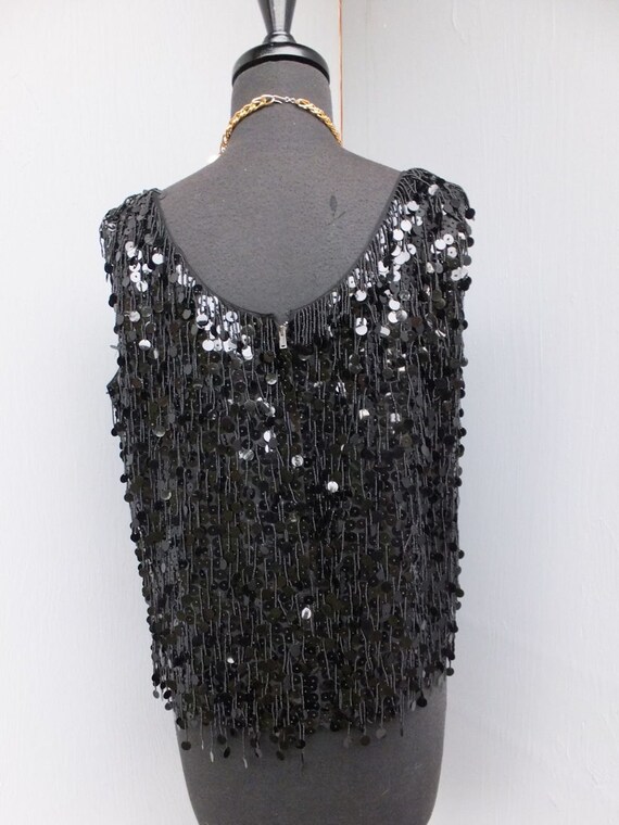 1960s Shell, BLACK Beaded and Sequin Shell, Sleeveles… - Gem