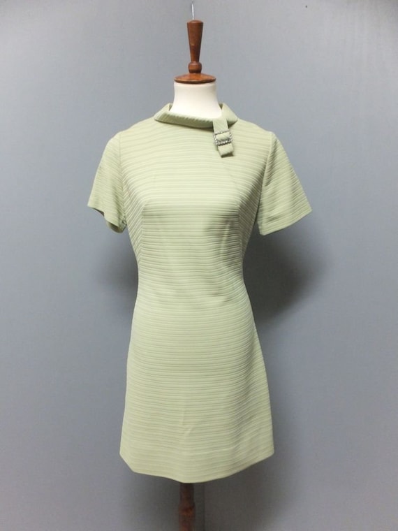 1970s Day Dress, George Small New York,Light Green Ri… - Gem