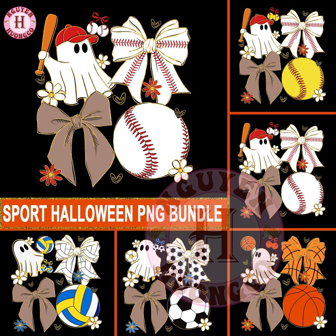 5+ Sport Halloween PNG Bundle, Cute Ghost Clipart With Baseball Soccer ...