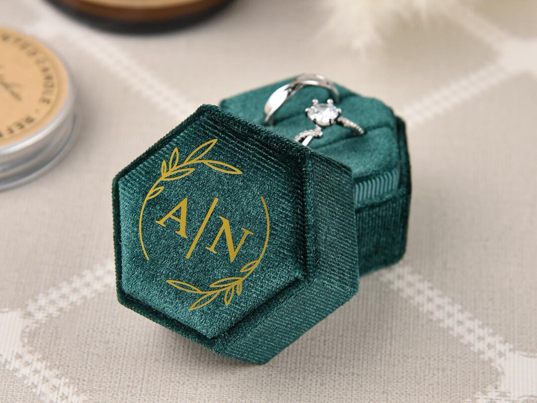 Personalized Hexagon Velvet Ring Box: Double Slot Wedding Engagement ...