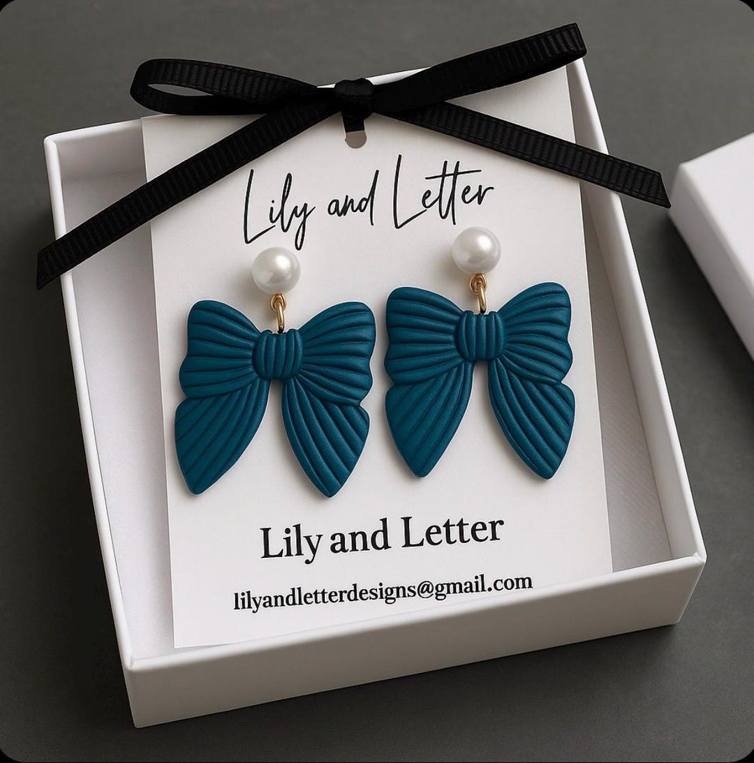 The Aubrey Neutral Polymer Clay Teal Blue Bow Earrings: 18K Gold Plated ...