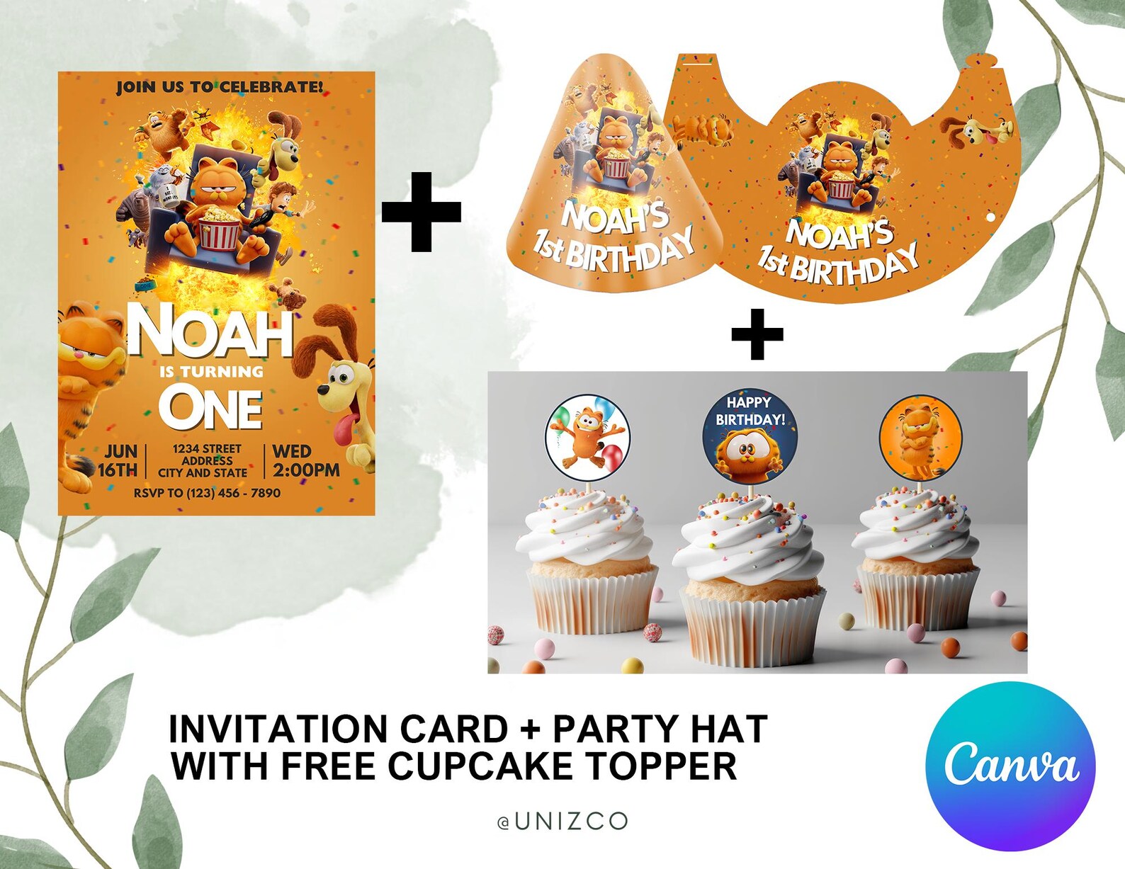 Editable Garfield Birthday Invitation Editable Garfield Party Hat ...