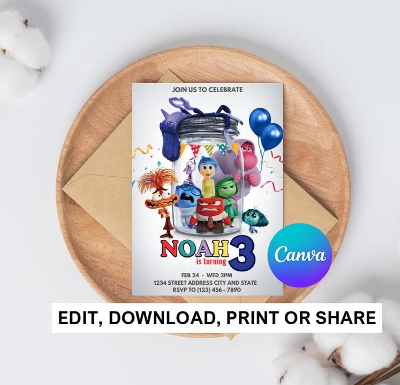 Editable Inside Out 2 Birthday Invitation With Inside Out 2 Party Hat ...
