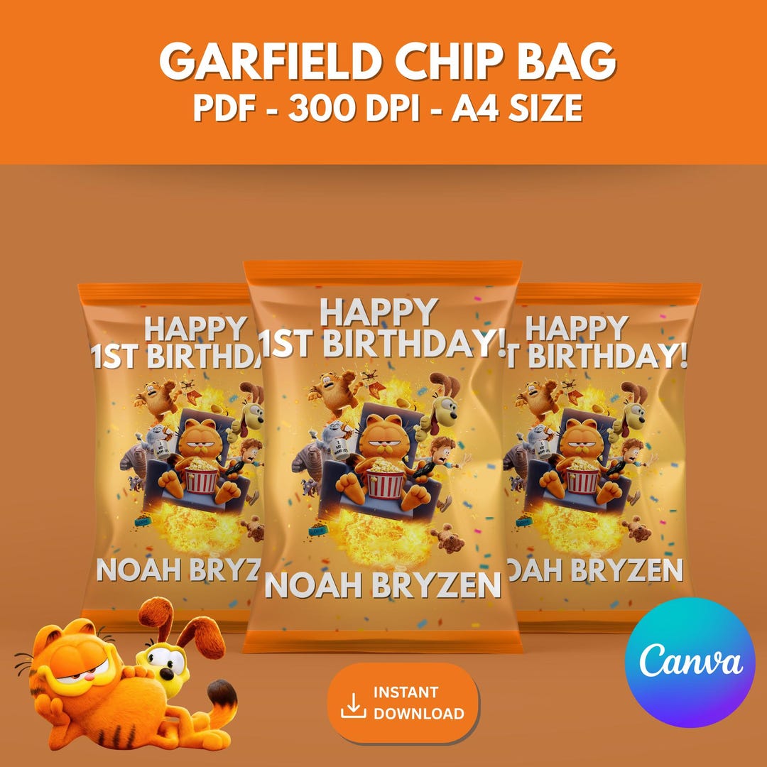 Editable Garfield Party Chip Bag Template Canva Edit Instant Download ...