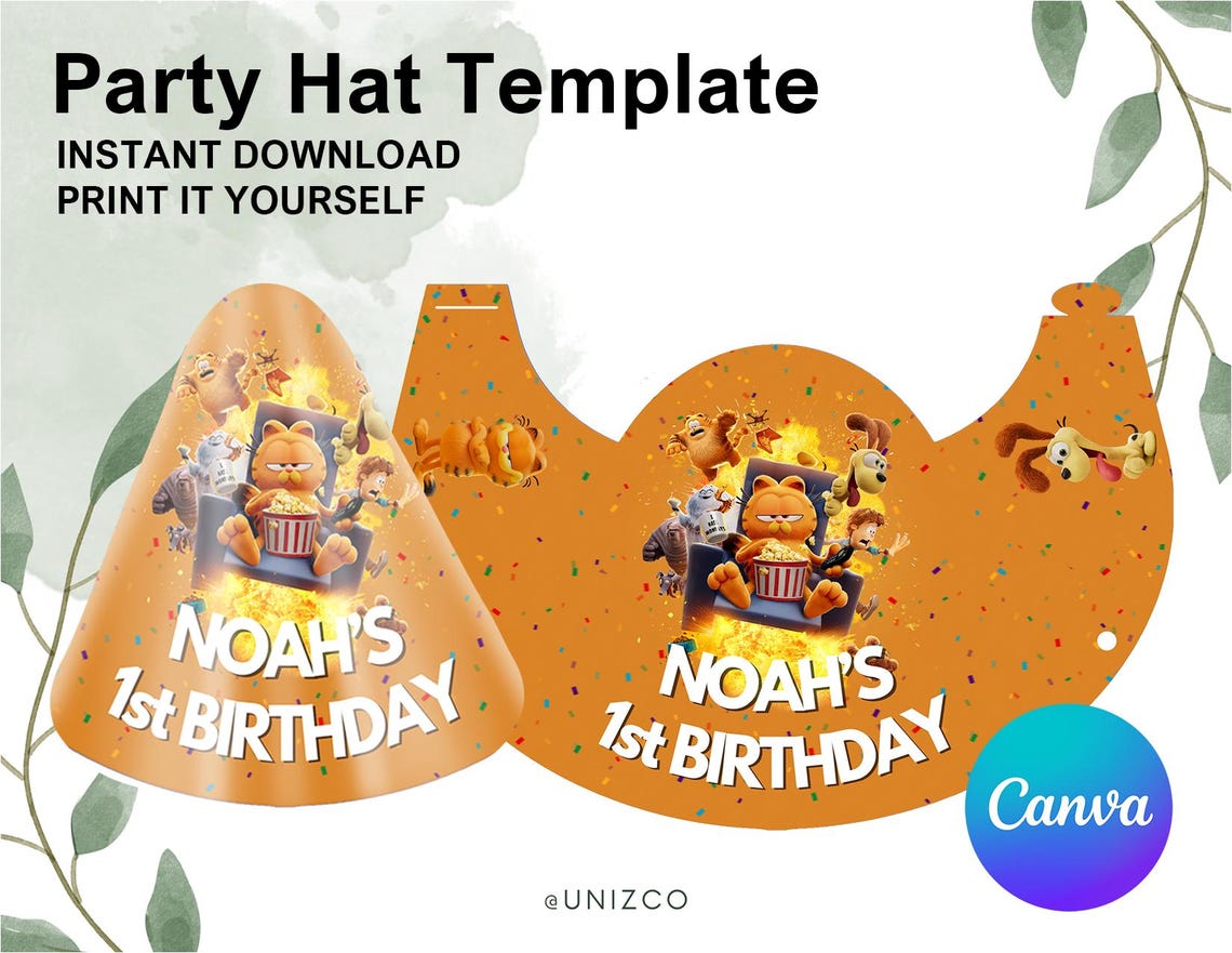 Editable Garfield Birthday Invitation With Editable Garfield Party Hat ...