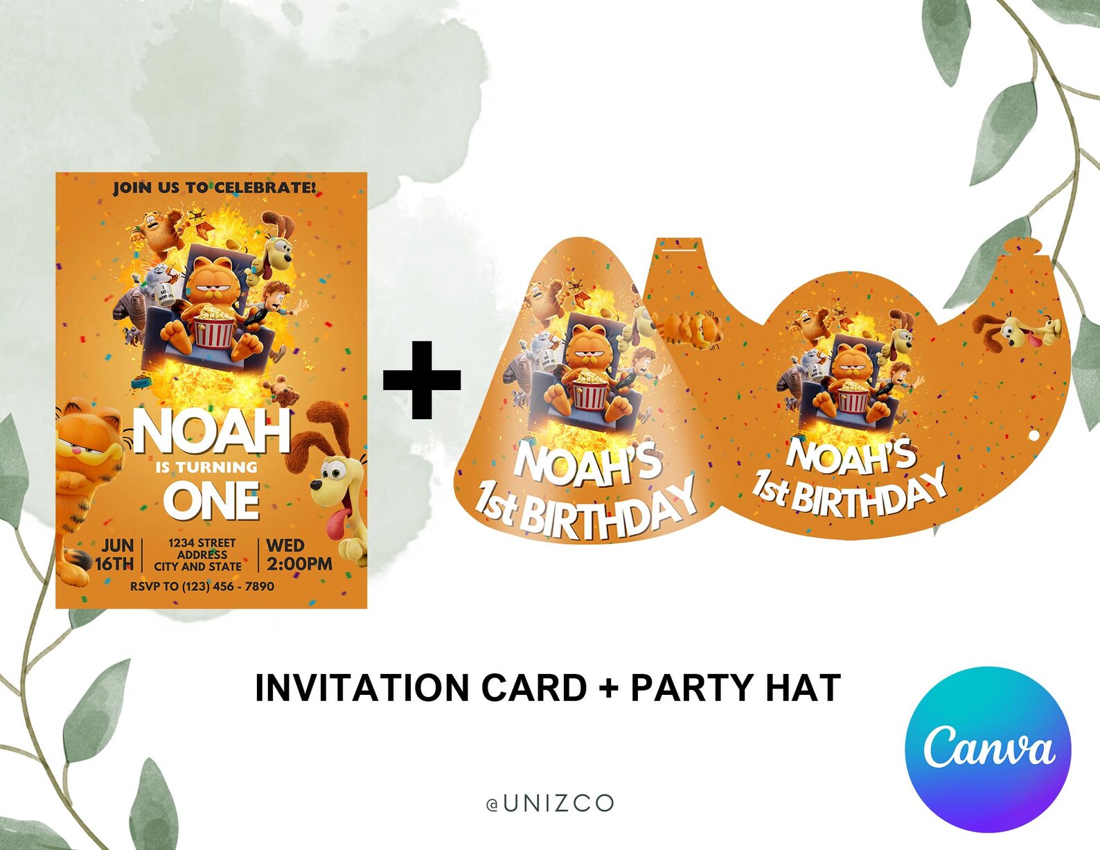 Editable Garfield Birthday Invitation With Editable Garfield Party Hat ...