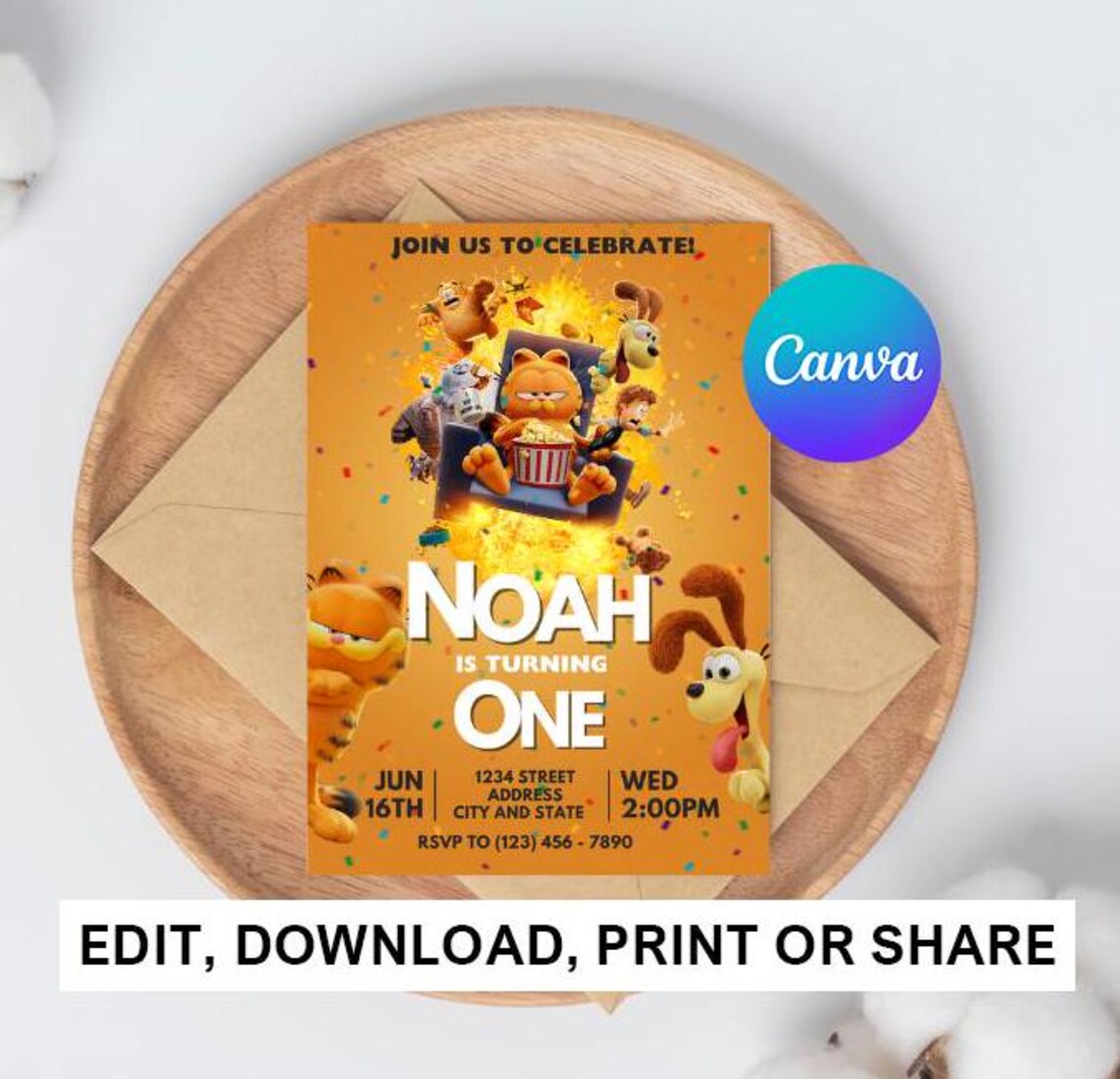 Editable Garfield Birthday Invitation With Editable Garfield Party Hat ...