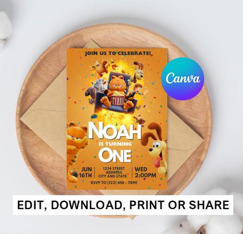 Editable Garfield Birthday Invitation With Editable Garfield Party Hat ...