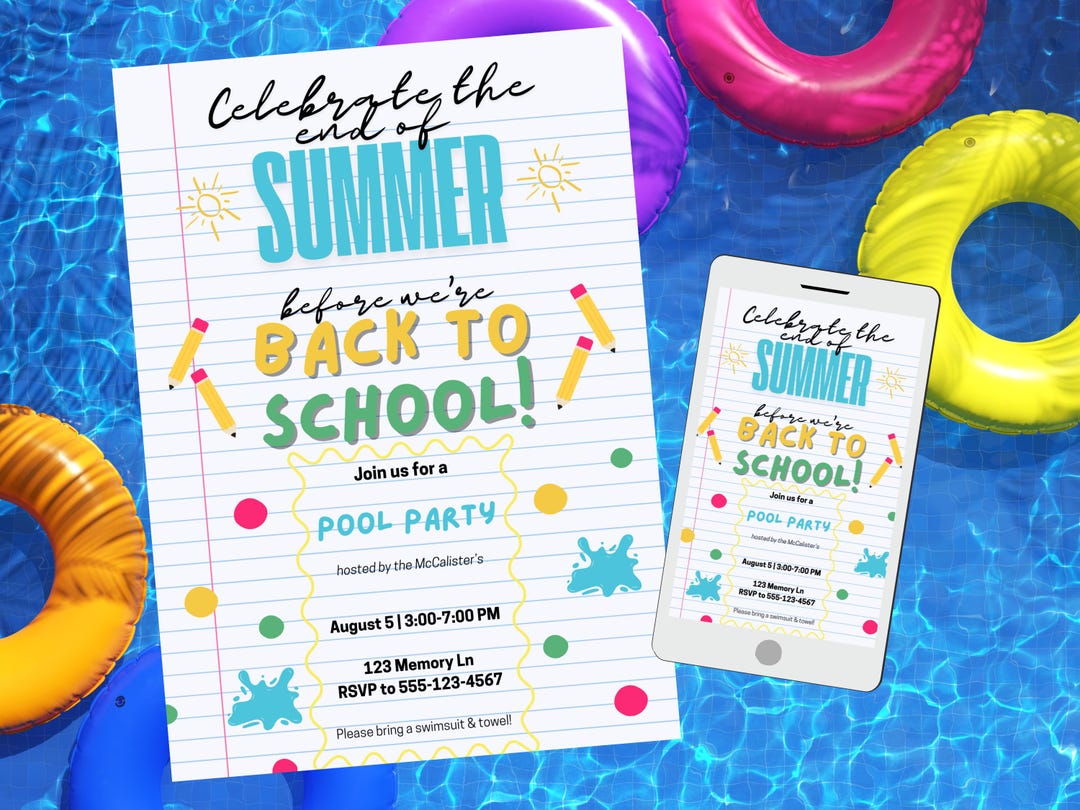 Editable Back to School Party Invitation Template, Pool Party ...