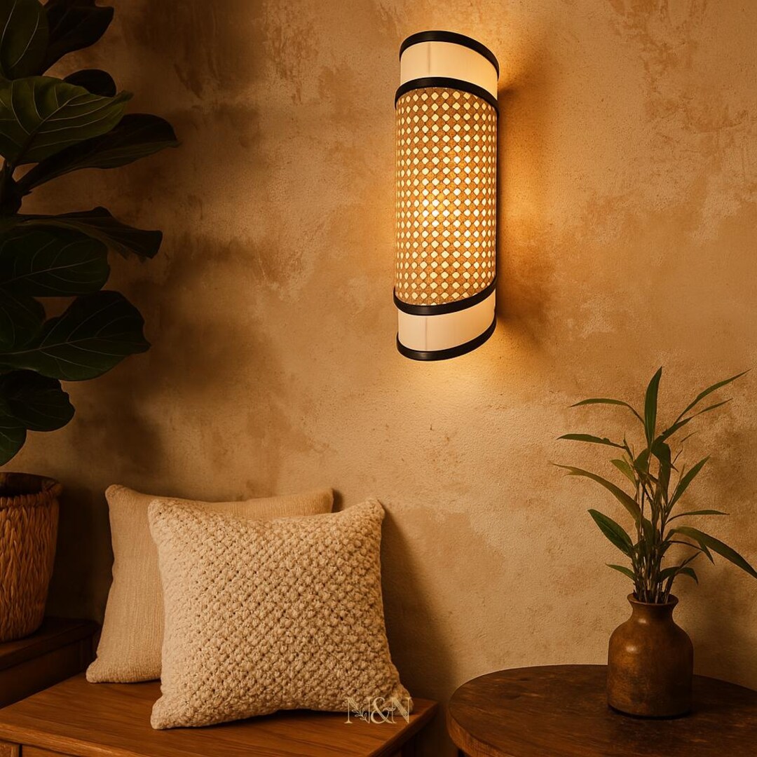 Bamboo Rattan Wall Sconce | Handmade Cane Wall Light for Bedroom or ...