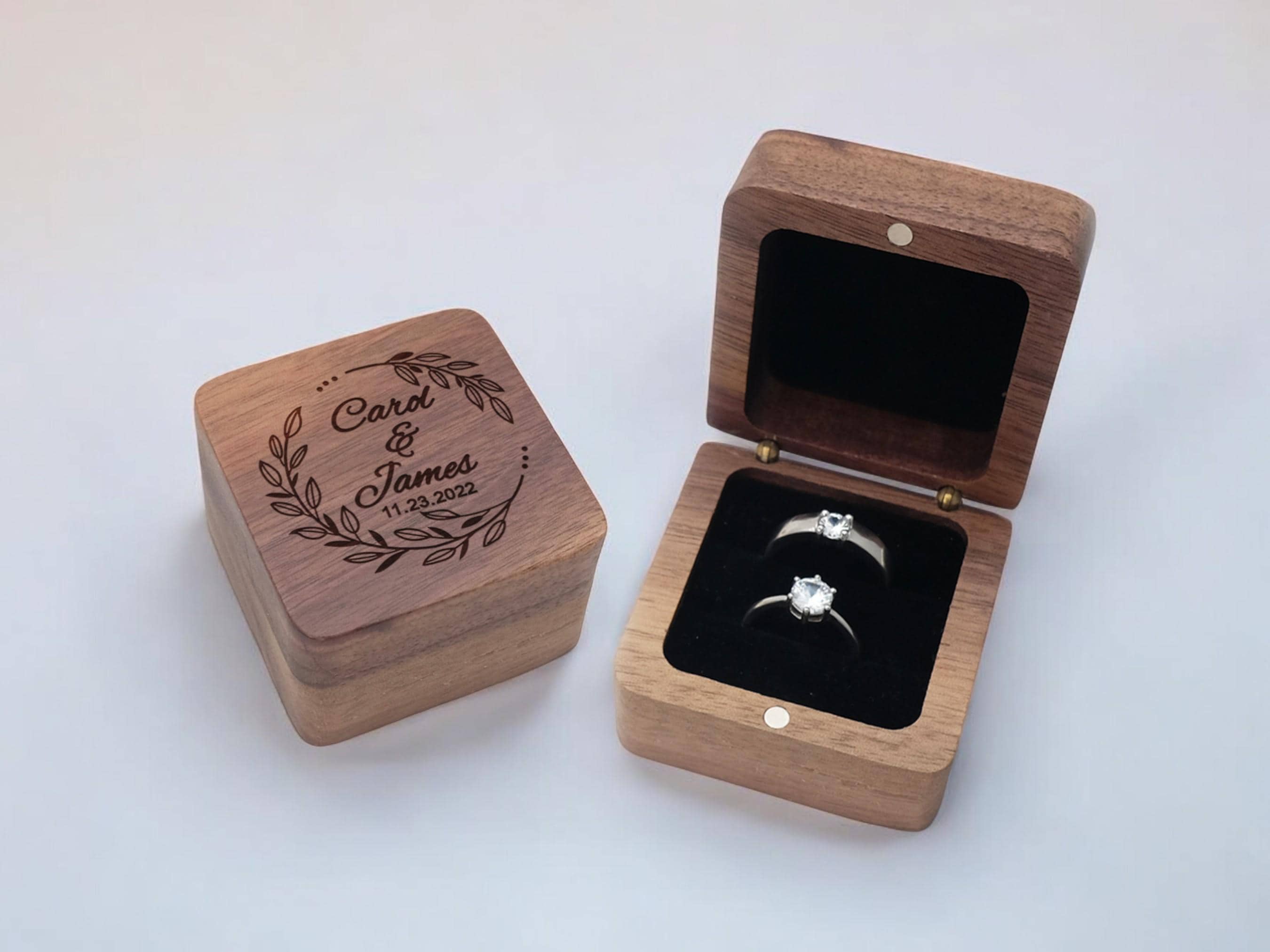 Personalized Engraved Wedding Ring Box Custom Names and Date, Rustic ...
