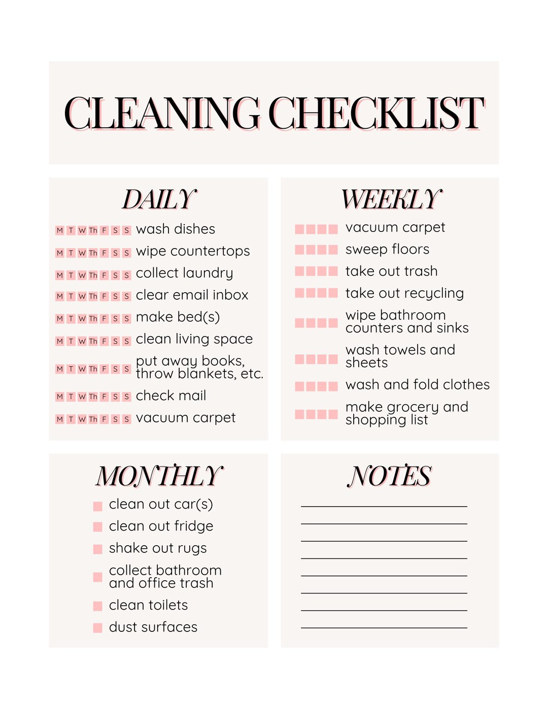 Simple Cleaning Checklist - Instant Digitial Download for Printable ...