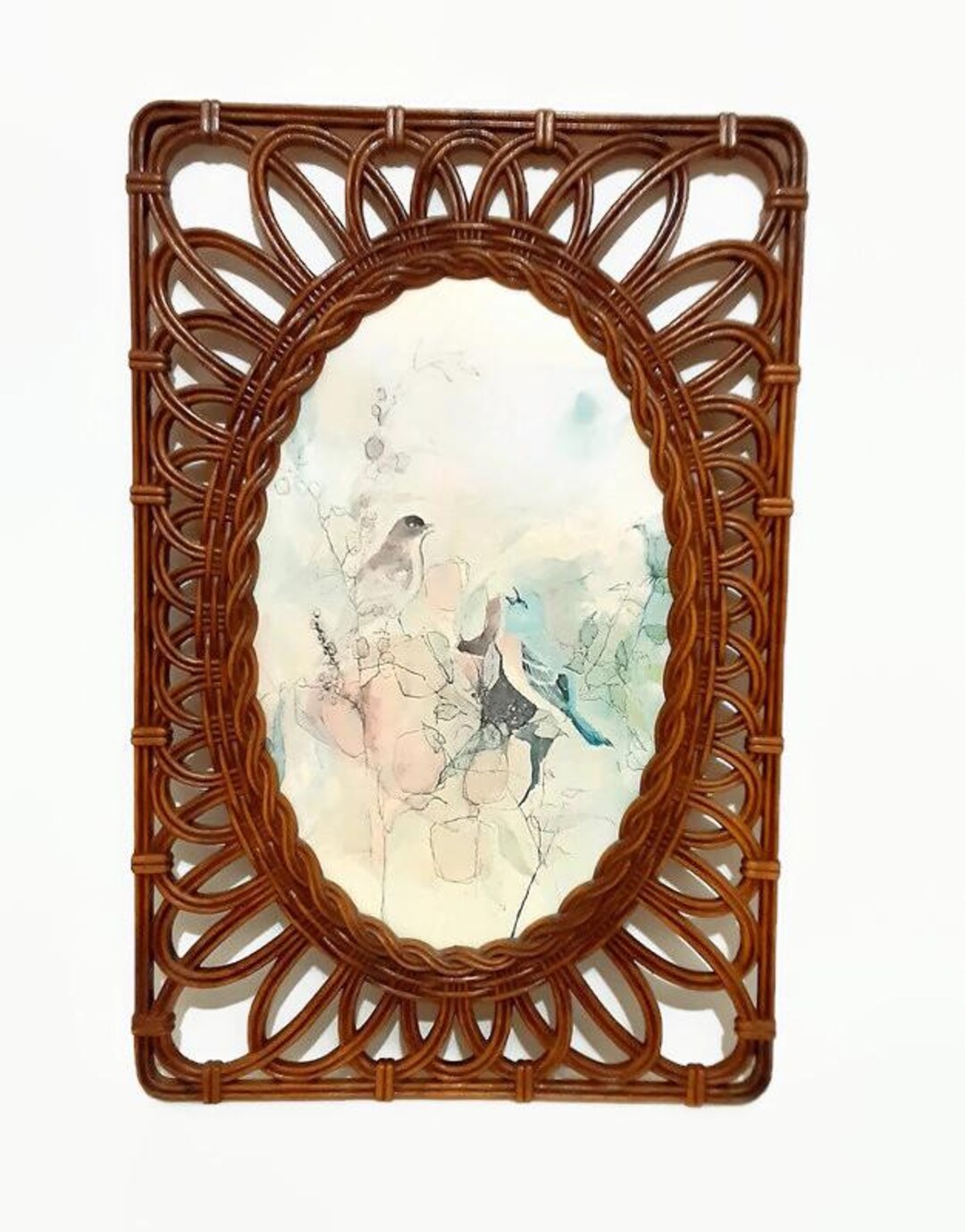 Vintage Rattan Frame With Barbara Weldon Birds Faux Wicker Wall Decor ...