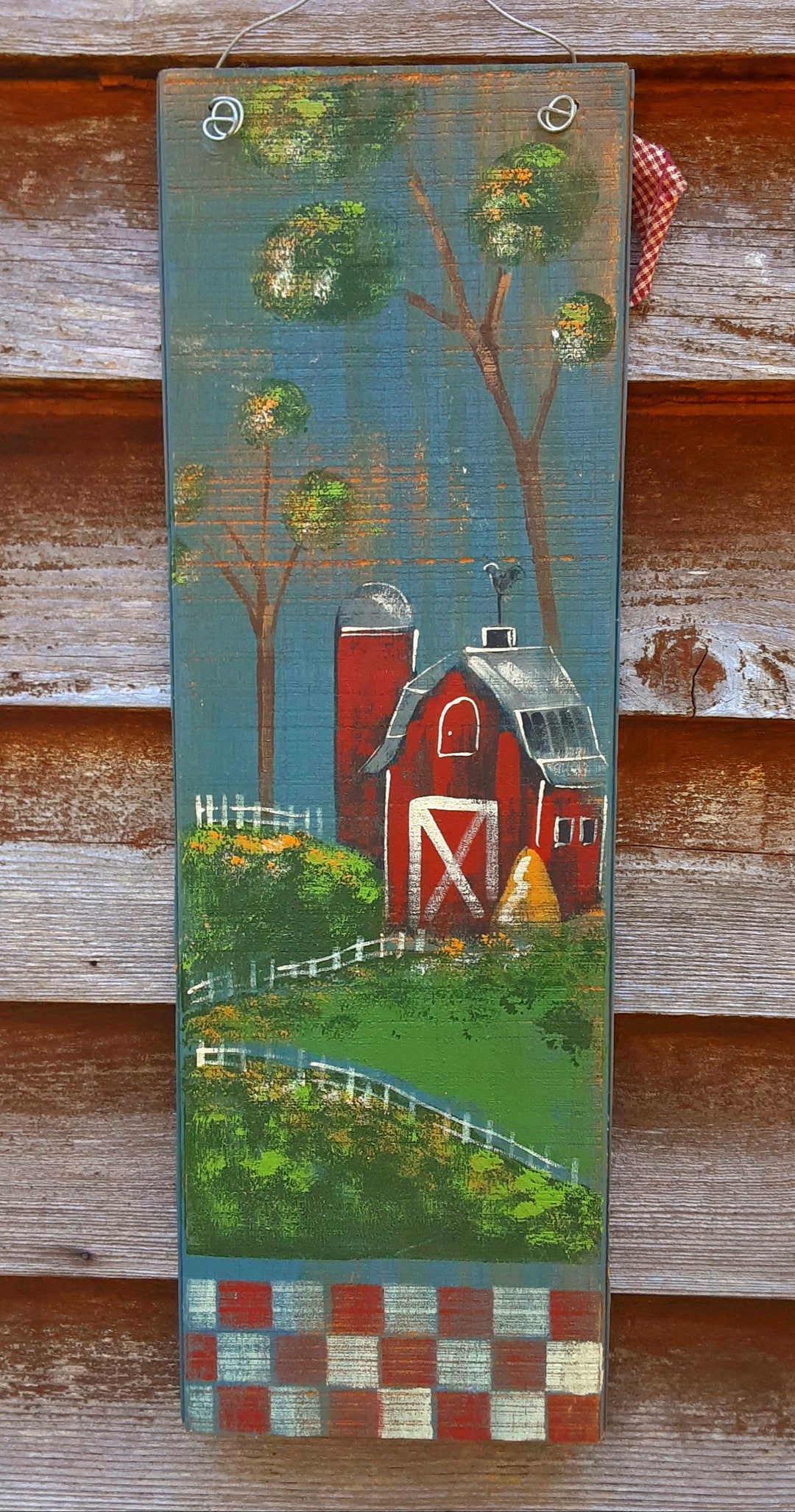 Vintage Hand Painted Red Barn Scene on Board - American Folk Art - Farm ...