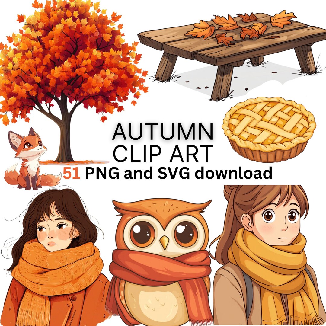 Autumn Clip Art Cozy Fall Leaves Illustration Pumpkin and Acorn Digital ...