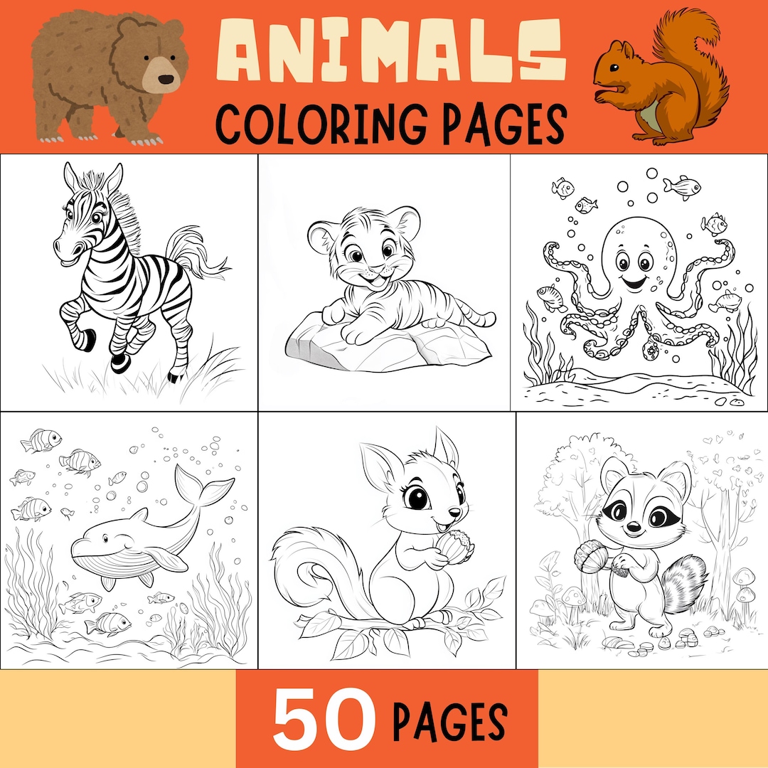 50 Animals Coloring Pages for Kids - Etsy