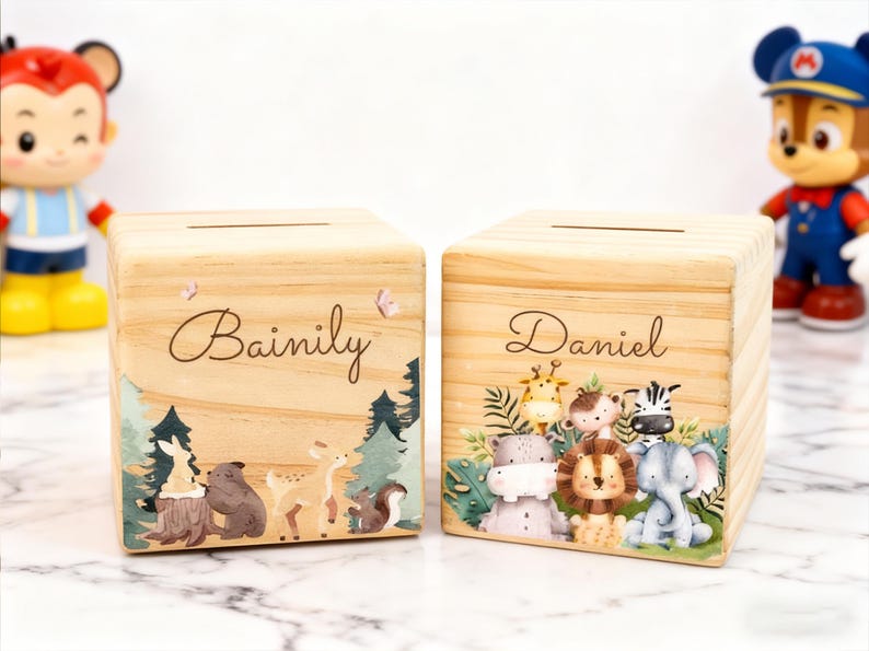 Personalized Wild Animal Piggy Bank for Baby, Custom Wooden Coin Bank ...