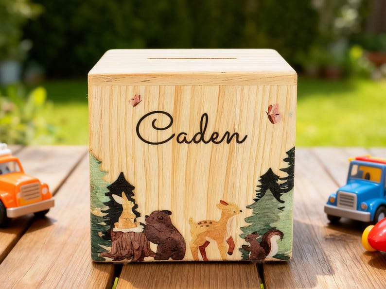 Personalized Wild Animal Piggy Bank for Baby, Custom Wooden Coin Bank ...